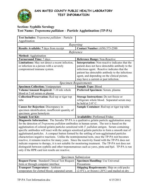 Section: Syphilis Serology Test Name: Treponema pallidum ...
