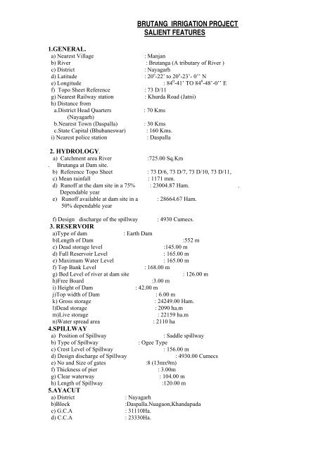 BRUTANG IRRIGATION PROJECT SALIENT FEATURES