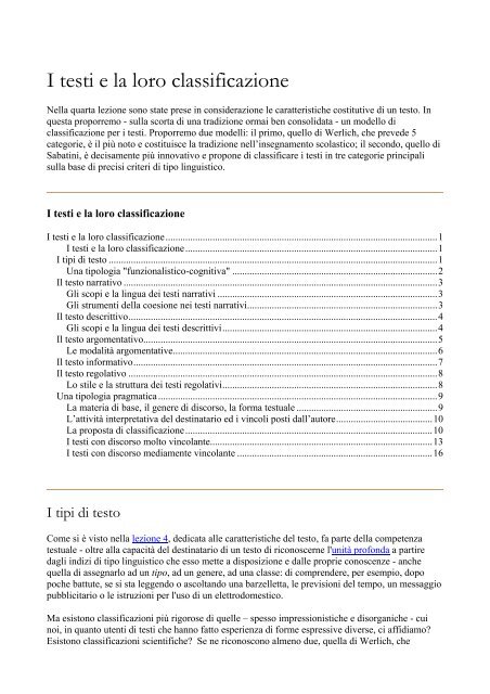 I testi e la loro classificazione