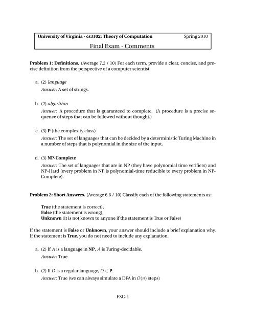 Final Exam - Comments - University of Virginia