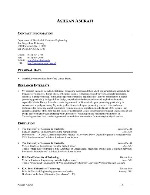 Ashkan Ashrafi, Currculum Vitae - San Diego State University