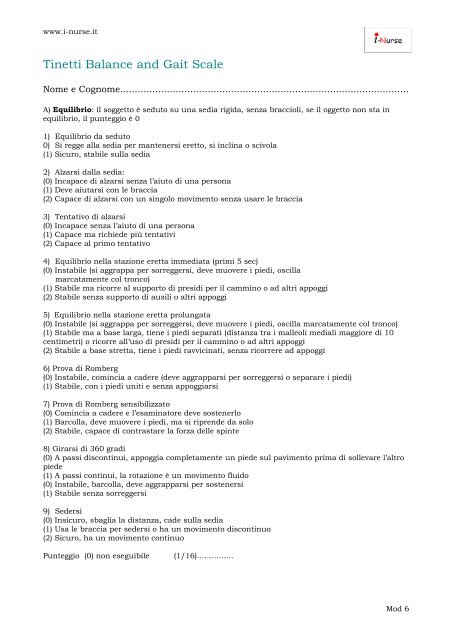 Scala di valutazione Tinetti Mod 6 - I-Nurse.it
