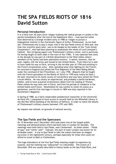 The Spa Fields Riots of 1816 - David Sutton