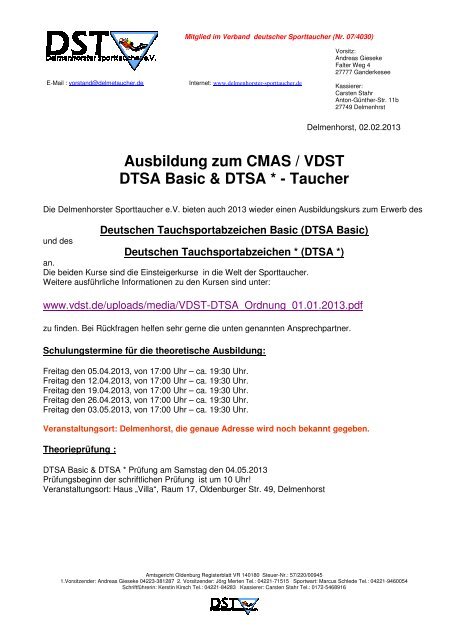 Ausbildung zum CMAS / VDST DTSA Basic & DTSA * - Taucher