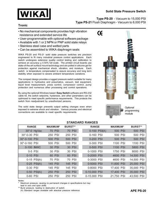 Electronic Pressure Switch (PS-20) - Specialty Valve & Controls