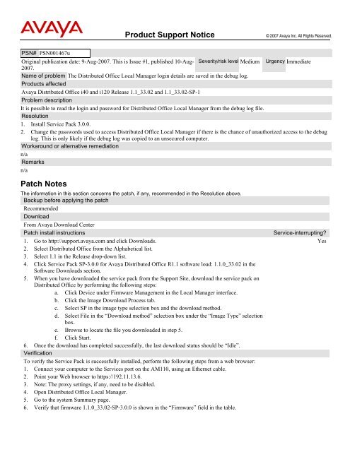 Product Support Notice Patch Notes - Avaya Support