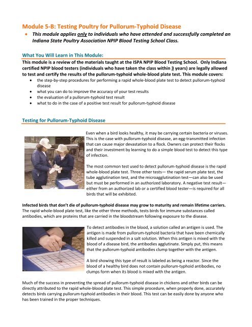 Module 5-B: Testing Poultry for Pullorum-Typhoid Disease