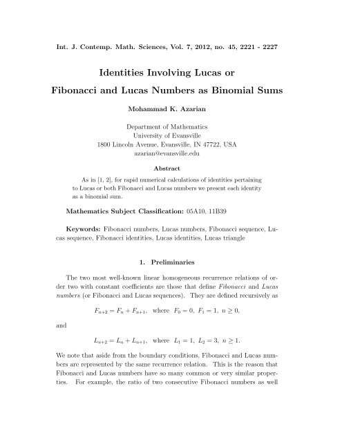Identities Involving Lucas Or Fibonacci And Lucas Numbers As
