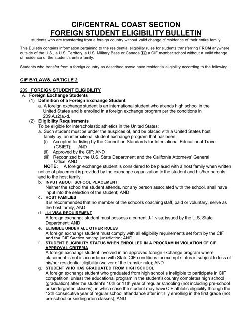 cif/central coast section foreign student eligibility bulletin