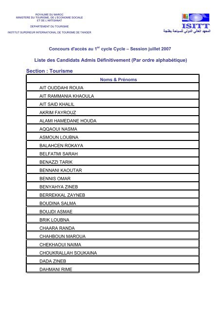 Liste des Candidats Admis définitivement 1er Cycle, Section