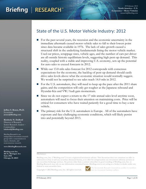 State of the U.S. Motor Vehicle Industry: 2012 - Briefing.com
