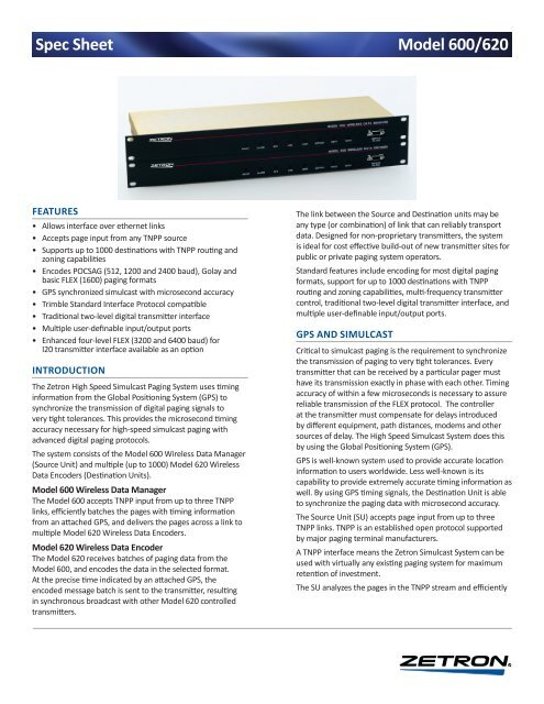 Model 600/620 Spec Sheet - Zetron