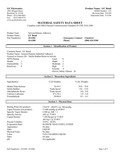 MATERIAL SAFETY DATA SHEET - GC Electronics