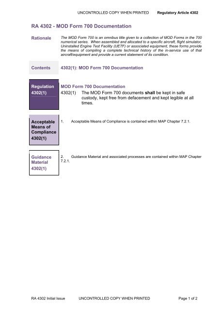 RA 4302 - MOD Form 700 Documentation