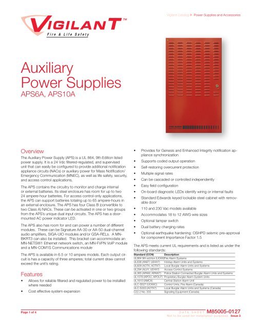 Vigilant Data Sheet M85005-0127 -- Auxiliary Power Supply