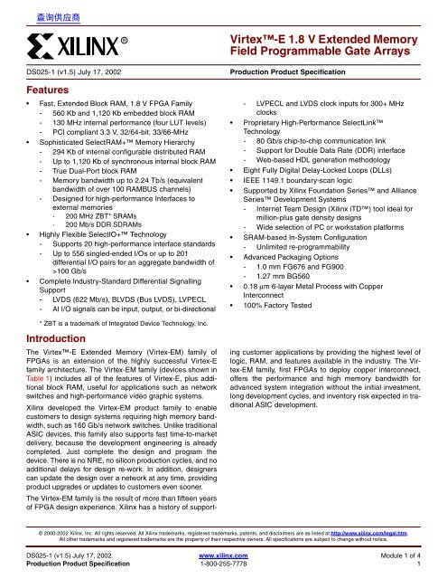 Virtex™-E 1.8 V Extended Memory Field Programmable Gate Arrays