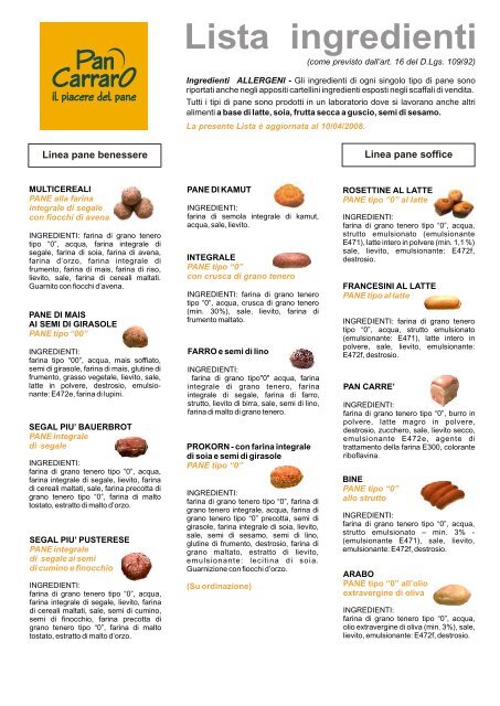 Lista ingredienti pane (.pdf) - Pancarraro