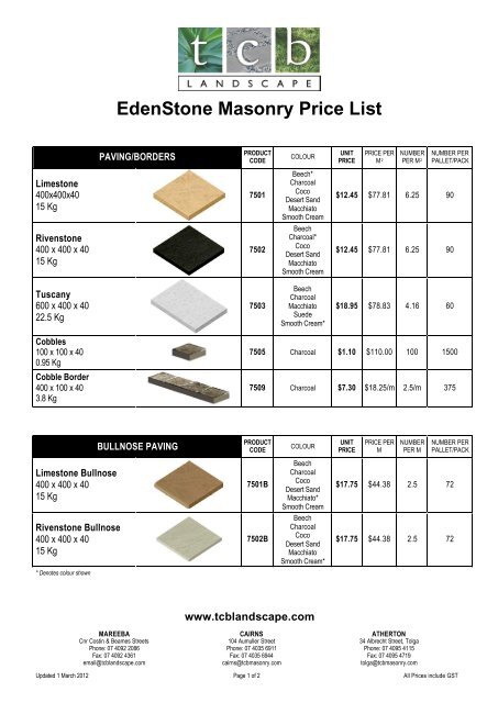 EdenStone Masonry Price List - TCB Landscape