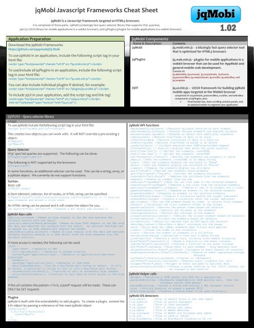jqMobi Javascript Frameworks Cheat Sheet - appMobi