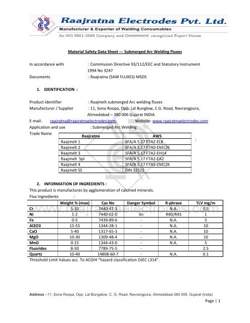 1 Material Safety Data Sheet --- Submerged Arc Welding Fluxes In ...