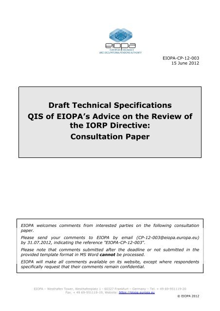 EIOPA-CP-12-003-Draft technical specifications ... - Eiopa - Europa