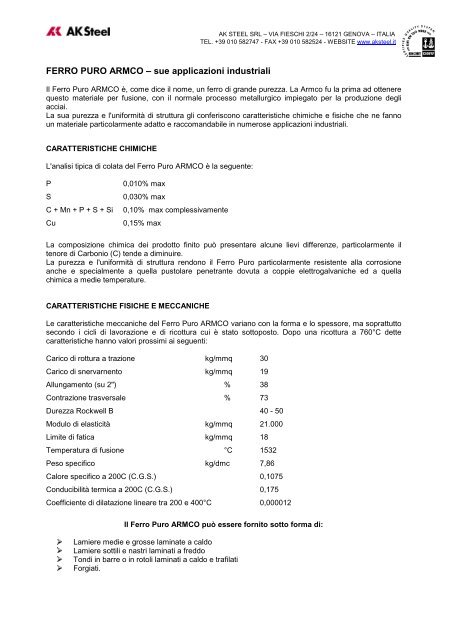 FERRO PURO ARMCO – sue applicazioni industriali - AK Steel srl