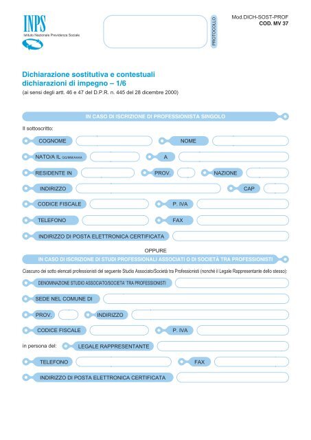 Dichiarazione sostitutiva e contestuali dichiarazioni di impegno - Inps