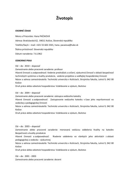 Životopis (Odporúčaný formulár) - TUKE