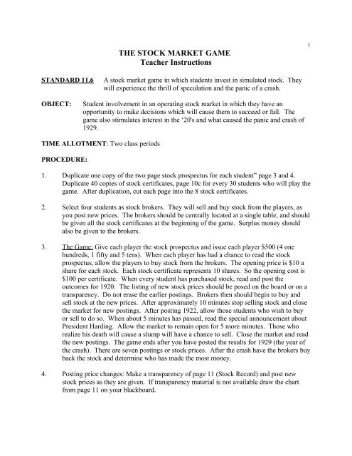 THE STOCK MARKET GAME Teacher Instructions