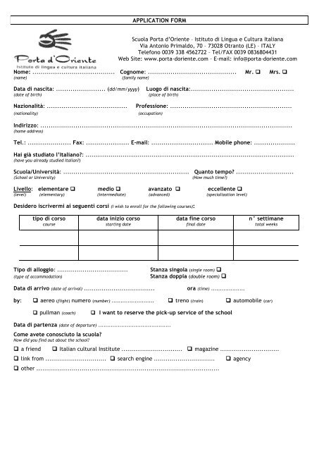 APPLICATION FORM - Italian Language School Porta d'Oriente