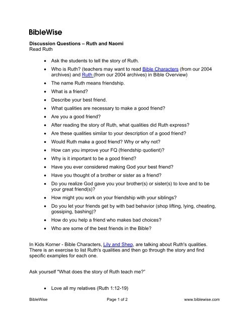 Discussion Questions – Ruth and Naomi Read Ruth ... - BibleWise