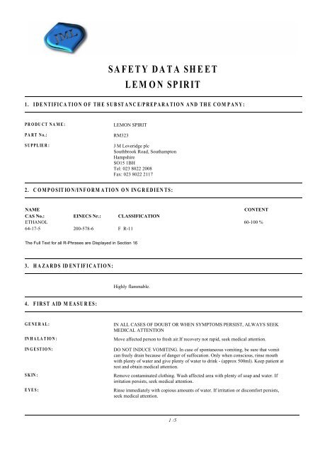 SAFETY DATA SHEET LEMON SPIRIT - J.M.Loveridge plc