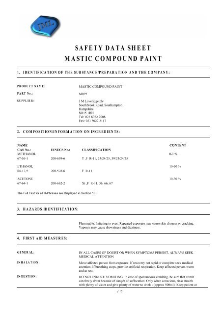 safety data sheet mastic compound paint - J.M.Loveridge plc