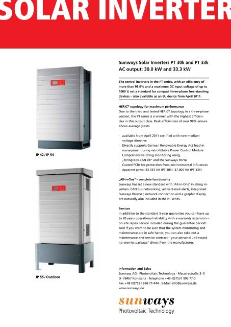 Sunways Solar Inverters PT 30k and PT 33k AC ... - Sunways AG