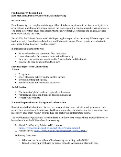Food Insecurity Lesson Plan Kate McGinnis, Pulitzer Center on ...