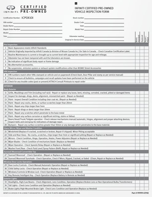 infiniti certified pre-owned vehicle inspection form ... - Infiniti Canada