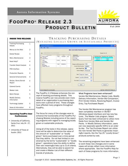 FoodPro Product Bulletin Release 2.3 - Aurora Information Systems ...