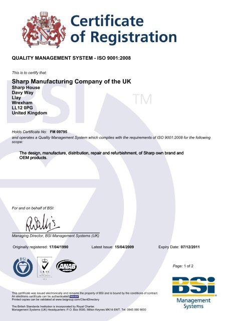 ISO 9001 Certificate - Sharp Manufacturing UK