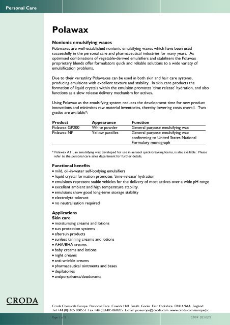 Polawax, DC102, Croda Oleochemicals Personal Care datasheet