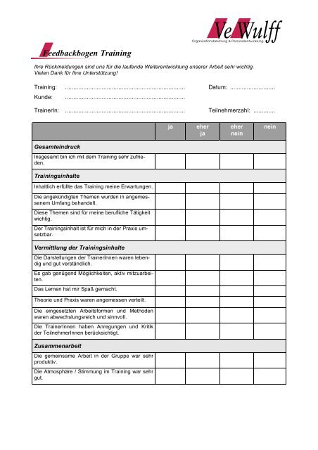 Feedbackbogen Training - bei VeWulff Organisationsberatung ...