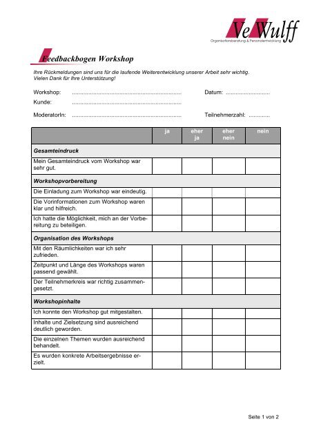 Feedbackbogen Workshop - bei VeWulff Organisationsberatung ...
