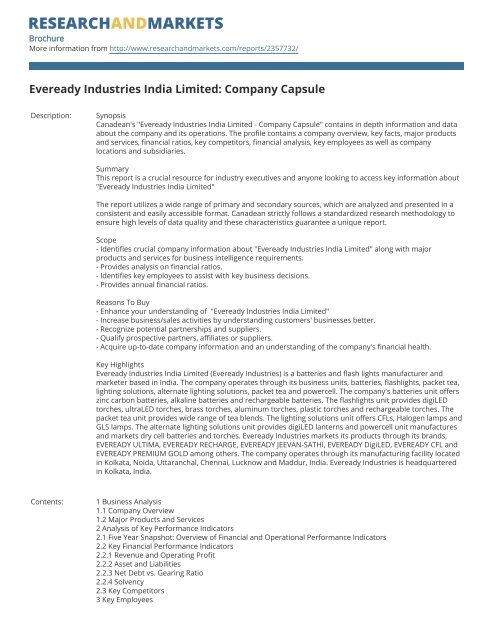 Eveready Industries India Limited: Company Capsule