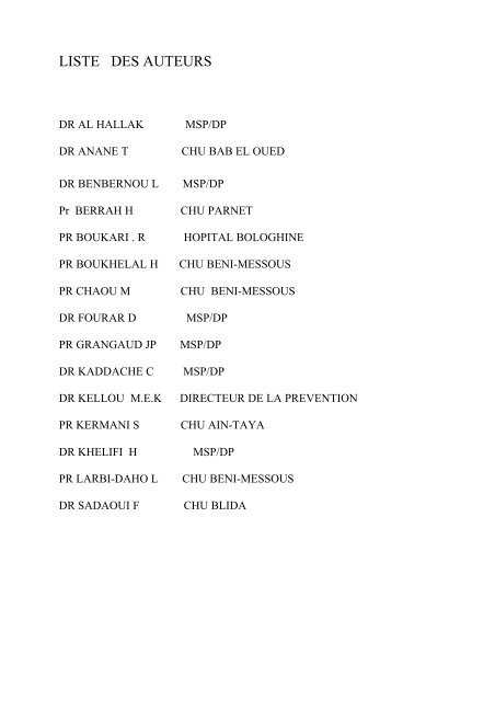 LISTE DES AUTEURS