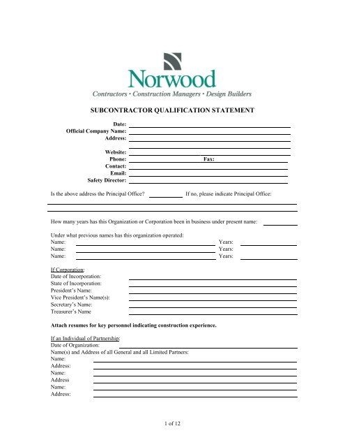 SUBCONTRACTOR QUALIFICATION STATEMENT FORM - Norwood