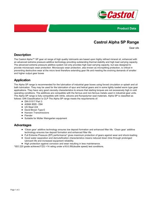 Castrol Alpha SP Range - Castrol - PDS & MSDS Search