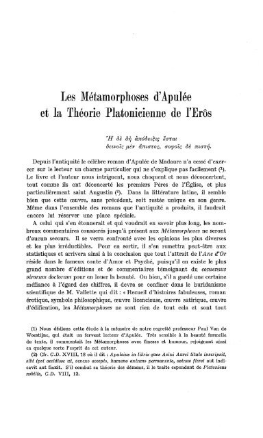 Les Métamorphoses d'Apulée et la Théorie Platonicienne de l'Erôs