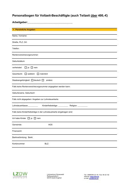 Personalbogen für Vollzeit-Beschäftigte (auch Teilzeit über 400,-€)