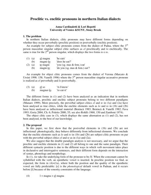 Proclitic vs. enclitic pronouns in northern Italian dialects
