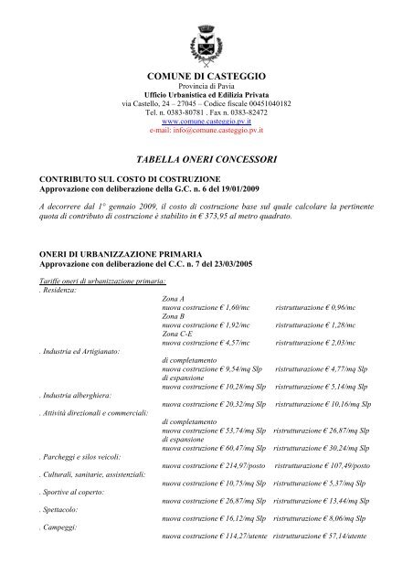 comune di casteggio tabella oneri concessori - Pgt.Comune ...