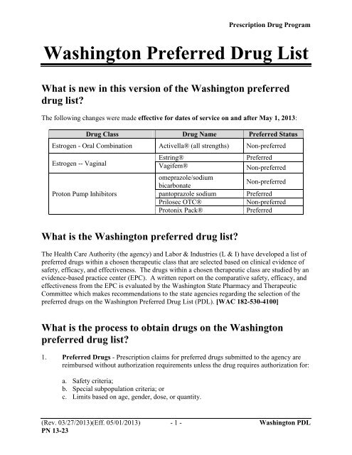 Washington Preferred Drug List - Health Care Authority